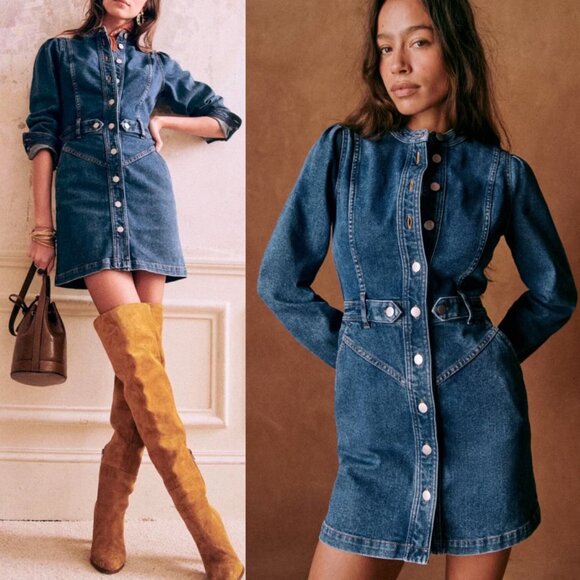 Sezane | Dresses | Sezane Alberta Blue Denim Button Up Long Sleeve Mini ...
